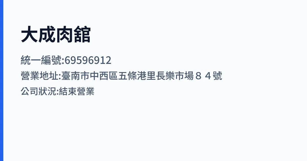 大成肉舘 - 統編 69596912(臺南市) 公司登記資料與營業項目詳細圖表