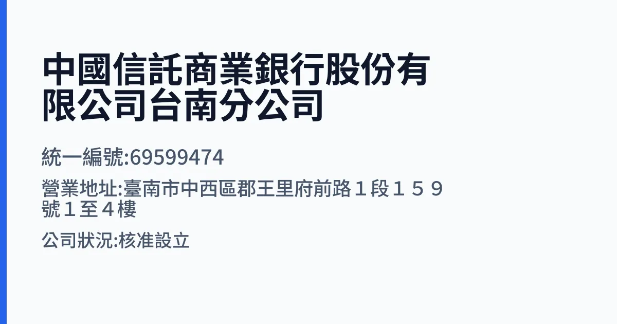 中國信託商業銀行股份有限公司台南分公司 - 統編 69599474(臺南市) 公司登記資料與營業項目詳細圖表