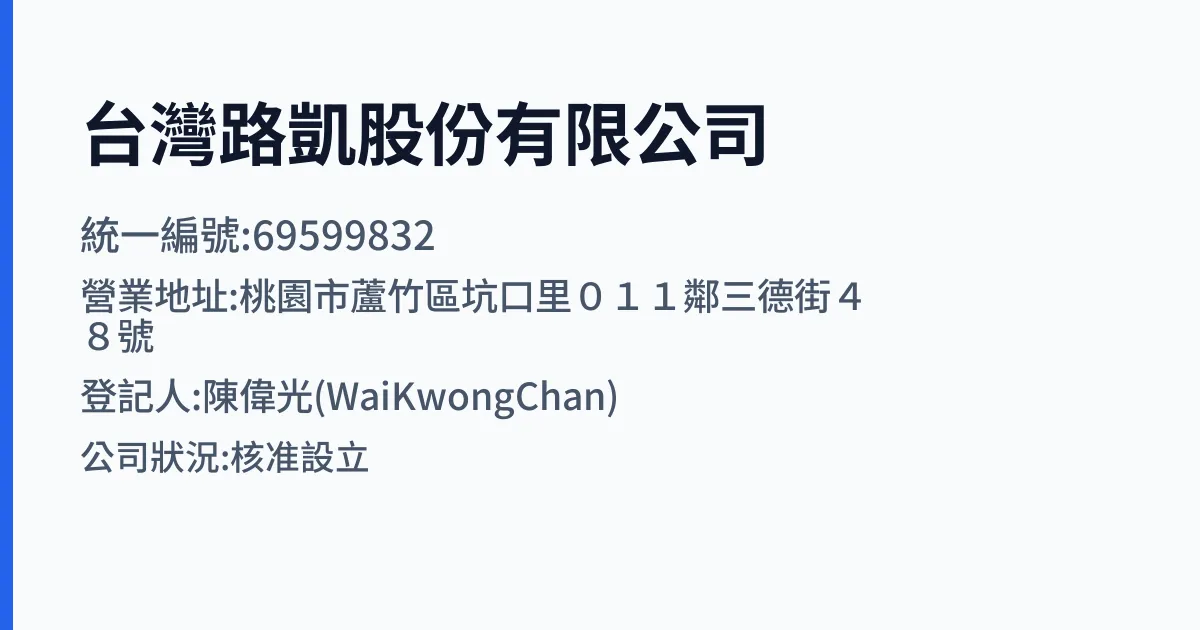 台灣路凱股份有限公司 - 統編 69599832(桃園市) 公司登記資料與營業項目詳細圖表