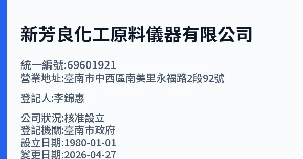 新芳良化工原料儀器有限公司的照片-統編 69601921(臺南市) 公司登記資料與營業項目詳細圖表