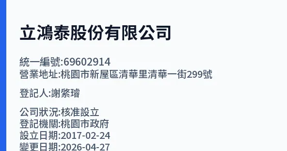 立鴻泰股份有限公司的照片-統編 69602914(桃園市) 公司登記資料與營業項目詳細圖表