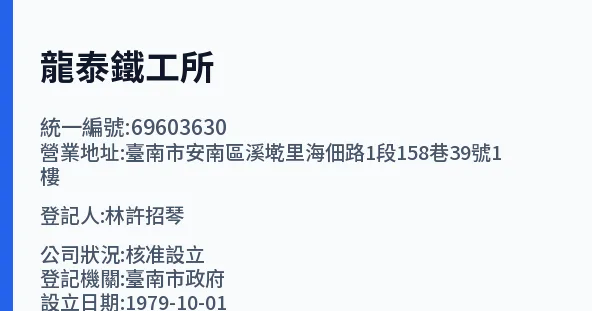 龍泰鐵工所的照片-統編 69603630(臺南市) 公司登記資料與營業項目詳細圖表