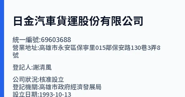 日金汽車貨運股份有限公司的照片-統編 69603688(高雄市) 公司登記資料與營業項目詳細圖表