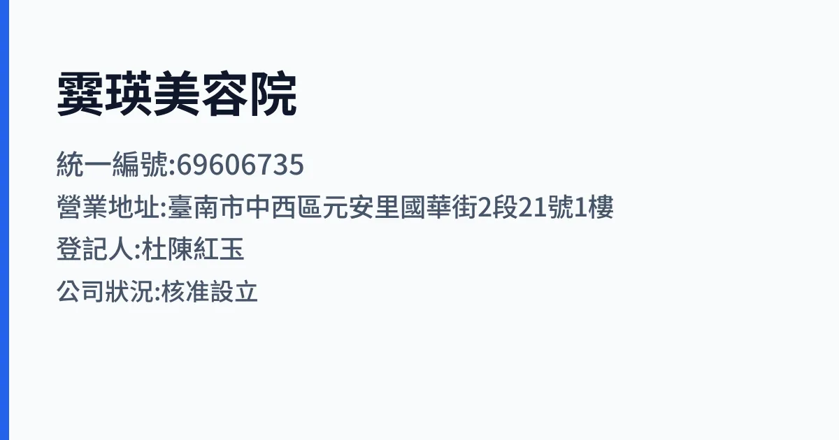 霙瑛美容院 - 統編 69606735(臺南市) 公司登記資料與營業項目詳細圖表
