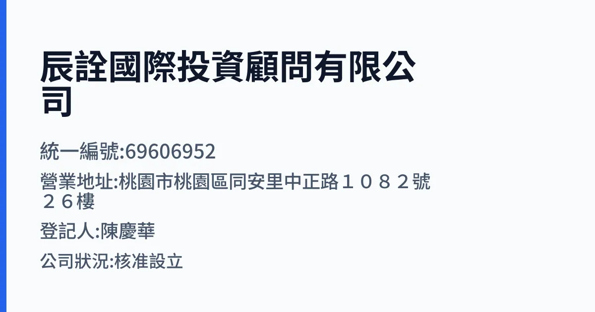 辰詮國際投資顧問有限公司 - 統編 69606952(桃園市) 公司登記資料與營業項目詳細圖表
