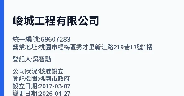 峻城工程有限公司的照片-統編 69607283(桃園市) 公司登記資料與營業項目詳細圖表