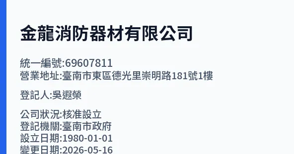 金龍消防器材有限公司的照片-統編 69607811(臺南市) 公司登記資料與營業項目詳細圖表