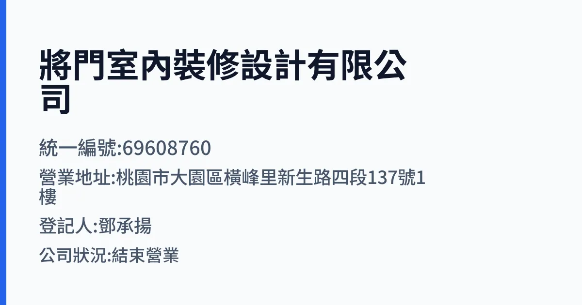 將門室內裝修設計有限公司 - 統編 69608760(桃園市) 公司登記資料與營業項目詳細圖表