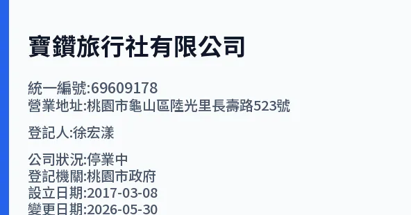 寶鑽旅行社有限公司的照片-統編 69609178(桃園市) 公司登記資料與營業項目詳細圖表