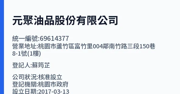 元聚油品股份有限公司的照片-統編 69614377(桃園市) 公司登記資料與營業項目詳細圖表