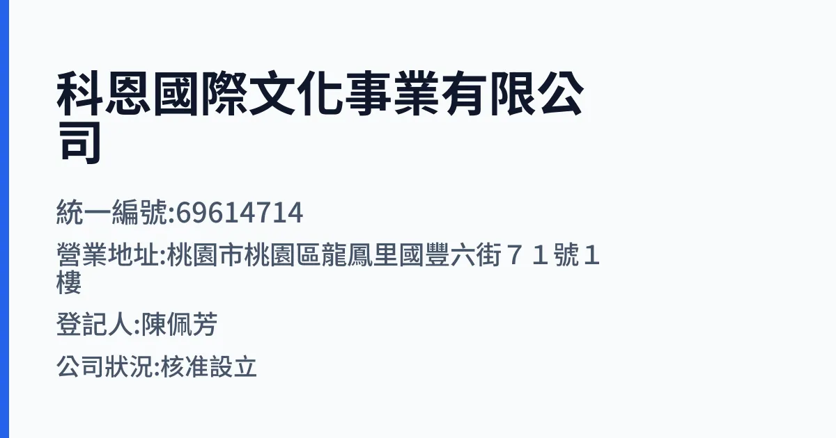 科恩國際文化事業有限公司 - 統編 69614714(桃園市) 公司登記資料與營業項目詳細圖表
