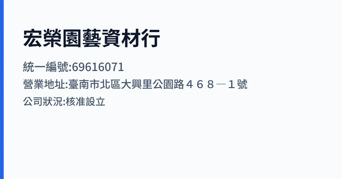 宏榮園藝資材行 - 統編 69616071(臺南市) 公司登記資料與營業項目詳細圖表