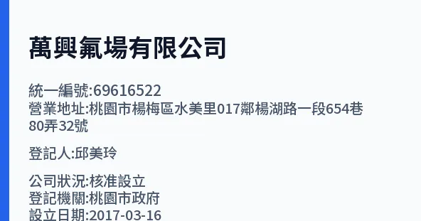 萬興氟場有限公司的照片-統編 69616522(桃園市) 公司登記資料與營業項目詳細圖表