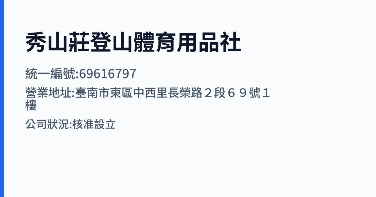 秀山莊登山體育用品社 - 統編 69616797(臺南市) 公司登記資料與營業項目詳細圖表