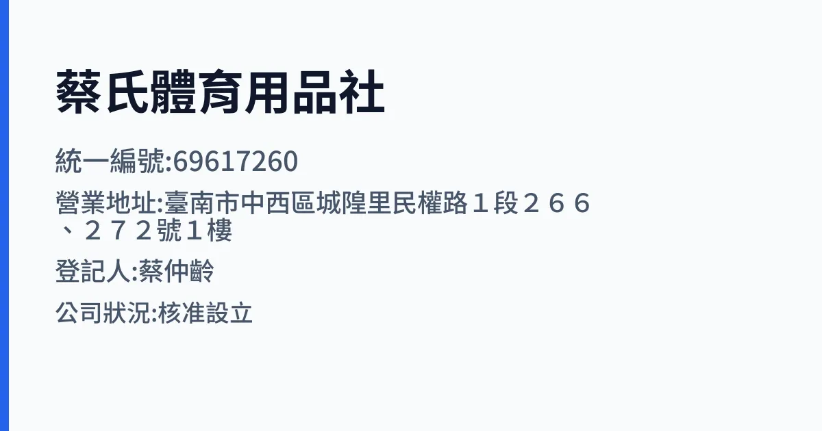 蔡氏體育用品社 - 統編 69617260(臺南市) 公司登記資料與營業項目詳細圖表