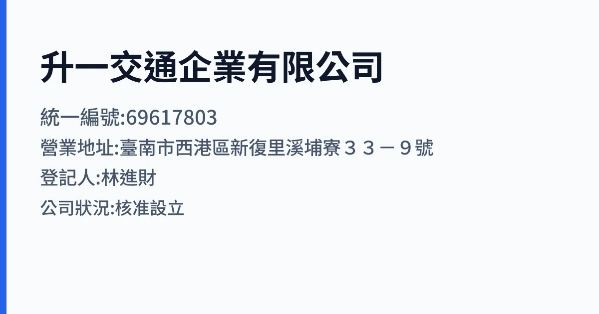 升一交通企業有限公司 - 統編 69617803(臺南市) 公司登記資料與營業項目詳細圖表