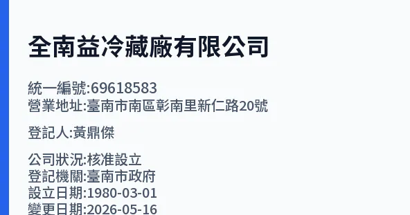 全南益冷藏廠有限公司的照片-統編 69618583(臺南市) 公司登記資料與營業項目詳細圖表