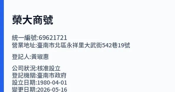 榮大商號的照片-統編 69621721(臺南市) 公司登記資料與營業項目詳細圖表