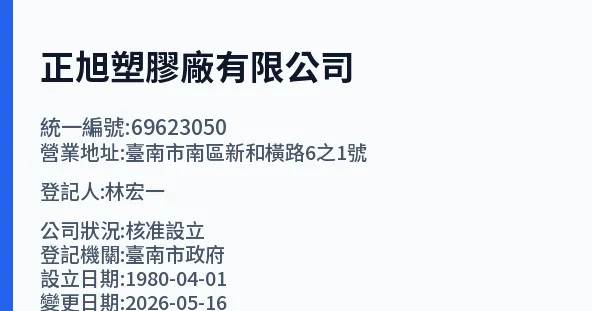 正旭塑膠廠有限公司的照片-統編 69623050(臺南市) 公司登記資料與營業項目詳細圖表