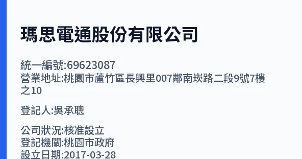 瑪思電通股份有限公司的照片-統編 69623087(桃園市) 公司登記資料與營業項目詳細圖表