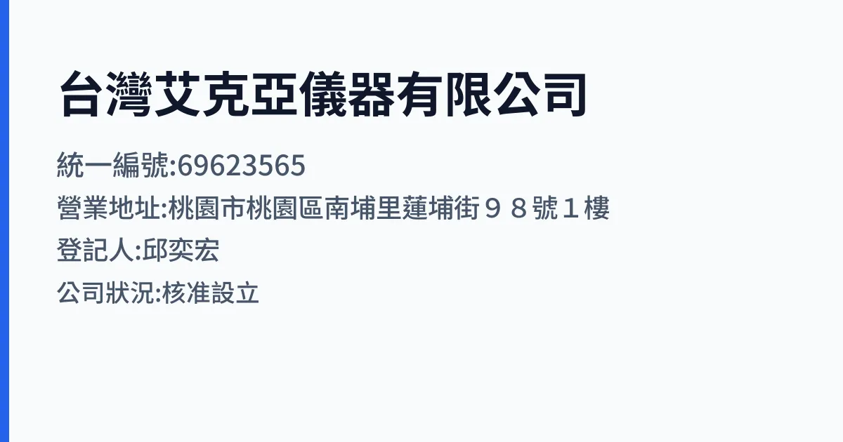 台灣艾克亞儀器有限公司 - 統編 69623565（桃園市） 公司登記資料與營業項目詳細圖表