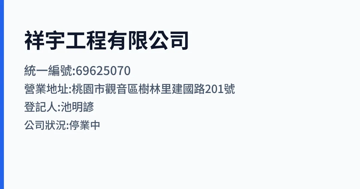 祥宇工程有限公司 - 統編 69625070(桃園市) 公司登記資料與營業項目詳細圖表