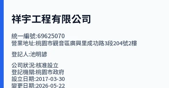 祥宇工程有限公司的照片-統編 69625070(桃園市) 公司登記資料與營業項目詳細圖表