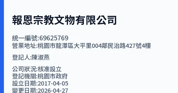 報恩宗教文物有限公司的照片-統編 69625769(桃園市) 公司登記資料與營業項目詳細圖表
