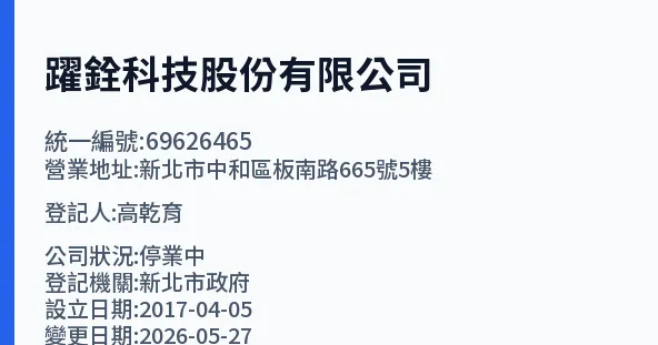 躍銓科技股份有限公司的照片-統編 69626465(新北市) 公司登記資料與營業項目詳細圖表
