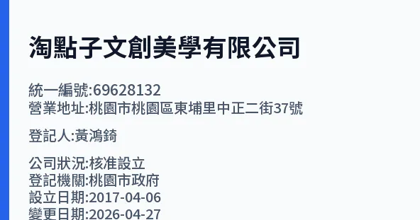 淘點子文創美學有限公司的照片-統編 69628132(桃園市) 公司登記資料與營業項目詳細圖表