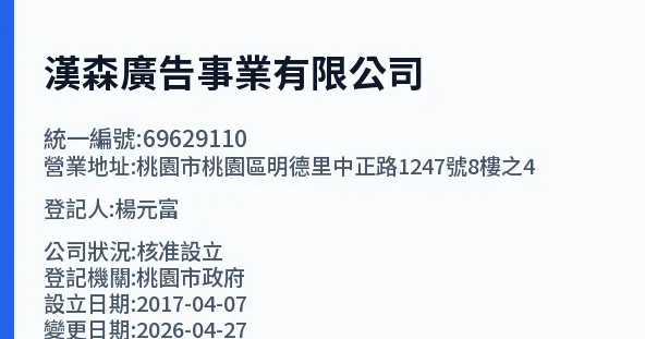 漢森廣告事業有限公司的照片-統編 69629110(桃園市) 公司登記資料與營業項目詳細圖表