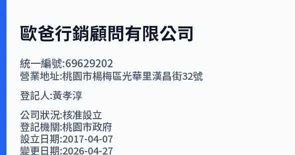 歐爸行銷顧問有限公司的照片-統編 69629202(桃園市) 公司登記資料與營業項目詳細圖表
