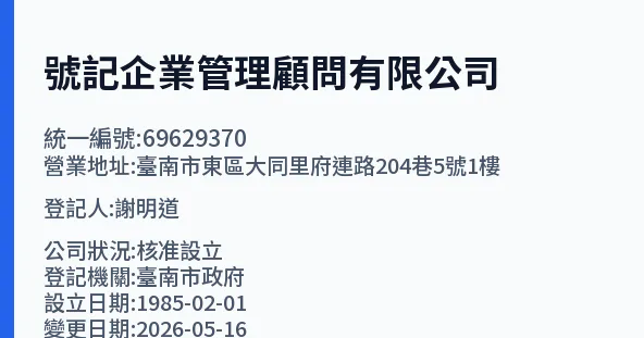 號記企業管理顧問有限公司的照片-統編 69629370(臺南市) 公司登記資料與營業項目詳細圖表