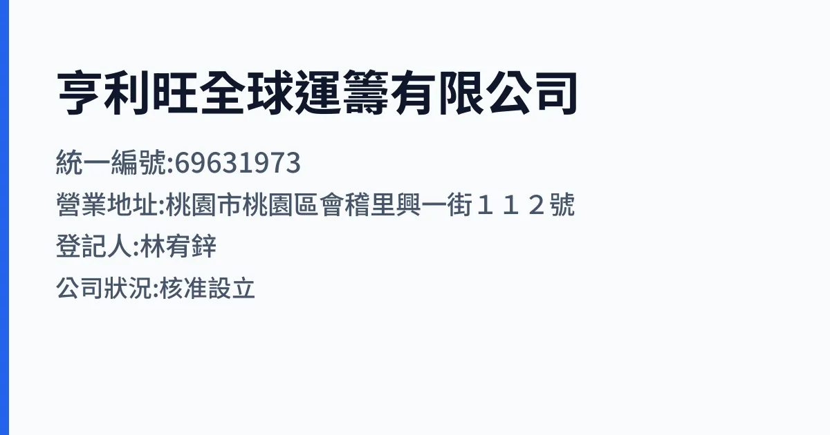 亨利旺全球運籌有限公司 - 統編 69631973(桃園市) 公司登記資料與營業項目詳細圖表