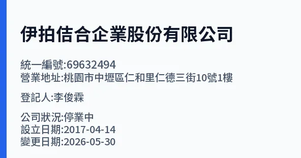伊拍佶合企業股份有限公司的照片-統編 69632494(桃園市) 公司登記資料與營業項目詳細圖表