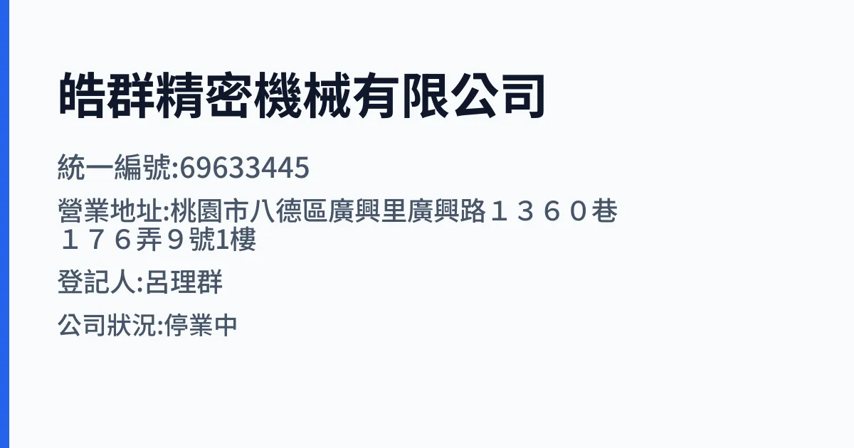 皓群精密機械有限公司 - 統編 69633445(桃園市) 公司登記資料與營業項目詳細圖表