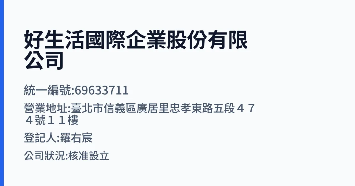好生活國際企業股份有限公司 - 統編 69633711(臺北市) 公司登記資料與營業項目詳細圖表