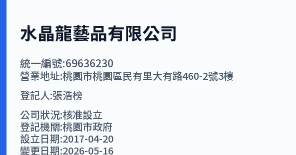 水晶龍藝品有限公司的照片-統編 69636230(桃園市) 公司登記資料與營業項目詳細圖表