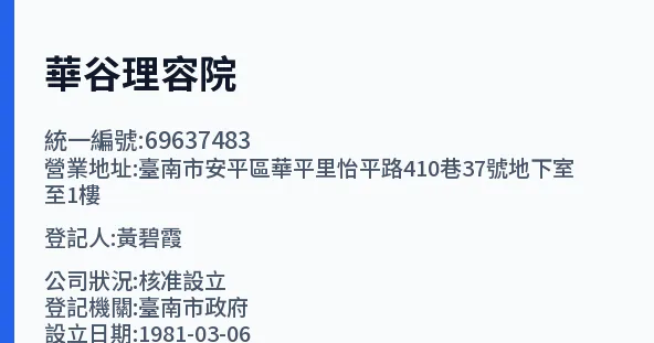 華谷理容院的照片-統編 69637483(臺南市) 公司登記資料與營業項目詳細圖表