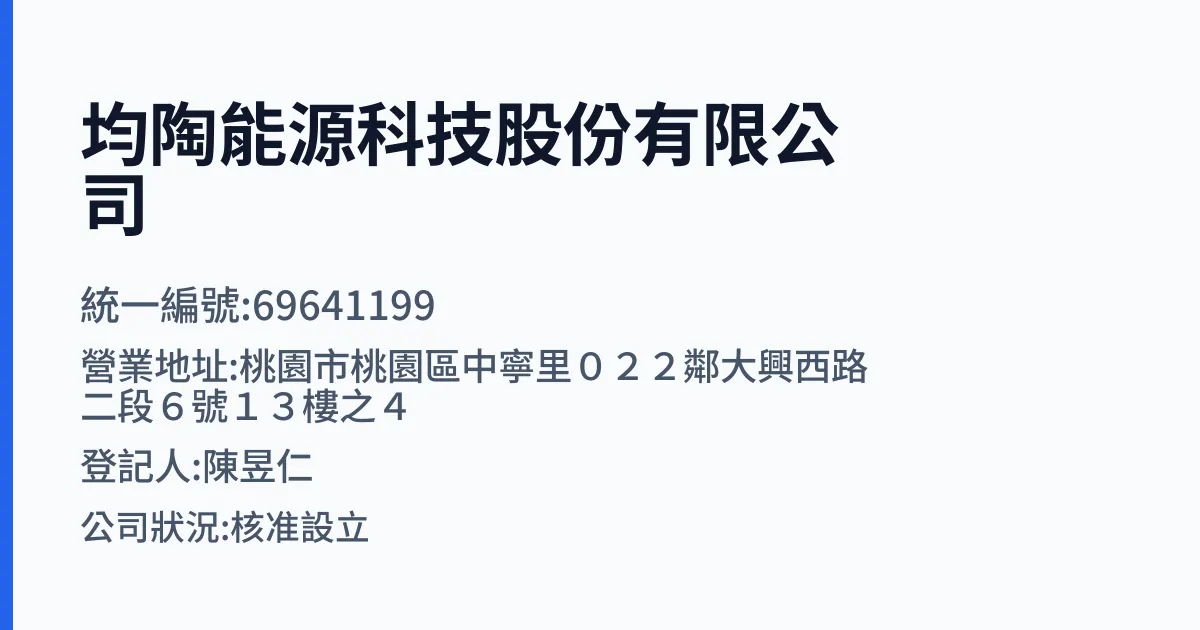 均陶能源科技股份有限公司 - 統編 69641199(桃園市) 公司登記資料與營業項目詳細圖表
