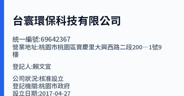 台寰環保科技有限公司的照片-統編 69642367(桃園市) 公司登記資料與營業項目詳細圖表
