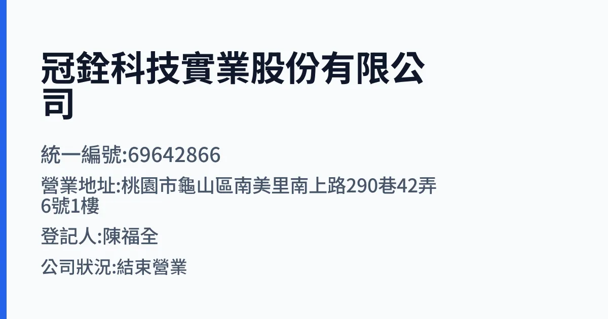 冠銓科技實業股份有限公司 - 統編 69642866(桃園市) 公司登記資料與營業項目詳細圖表