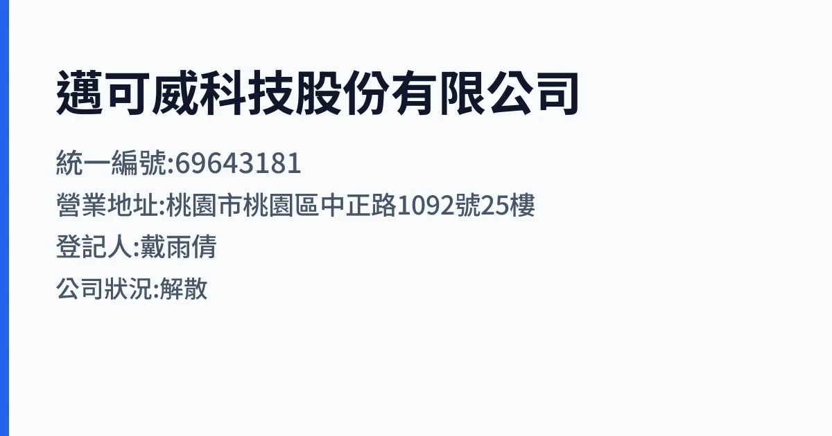 邁可威科技股份有限公司 - 統編 69643181(桃園市) 公司登記資料與營業項目詳細圖表