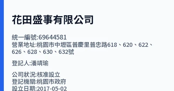 花田盛事有限公司的照片-統編 69644581(桃園市) 公司登記資料與營業項目詳細圖表