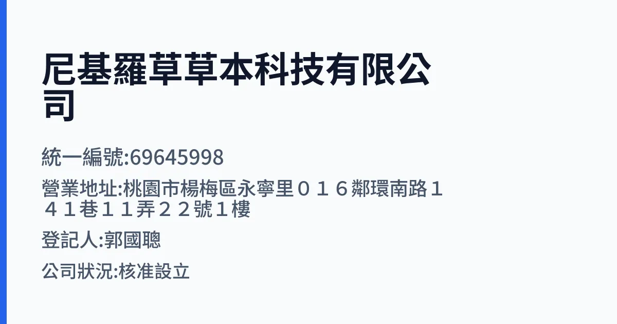 尼基羅草草本科技有限公司 - 統編 69645998(桃園市) 公司登記資料與營業項目詳細圖表