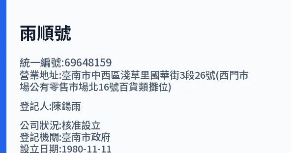 雨順號的照片-統編 69648159(臺南市) 公司登記資料與營業項目詳細圖表