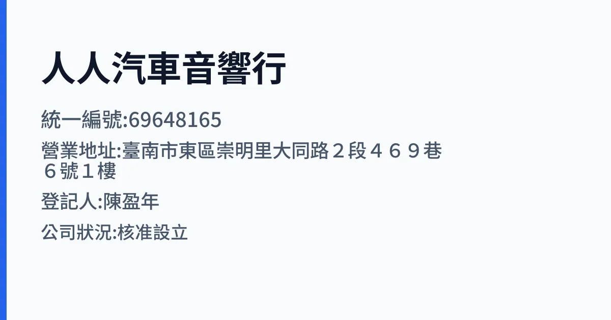 人人汽車音響行 - 統編 69648165(臺南市) 公司登記資料與營業項目詳細圖表
