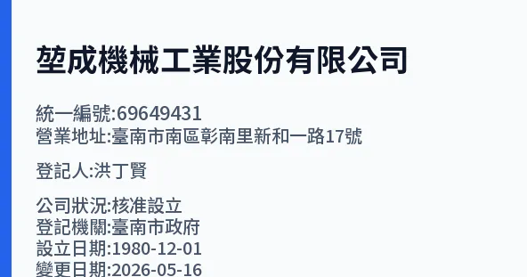 堃成機械工業股份有限公司的照片-統編 69649431(臺南市) 公司登記資料與營業項目詳細圖表