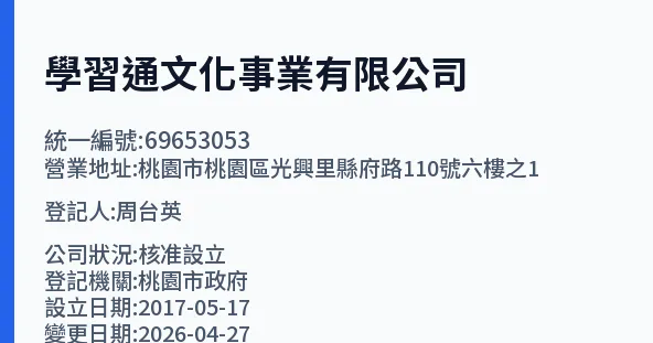學習通文化事業有限公司的照片-統編 69653053(桃園市) 公司登記資料與營業項目詳細圖表