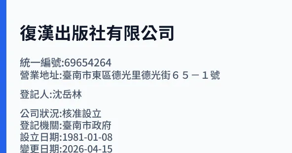 復漢出版社有限公司的照片-統編 69654264(臺南市) 公司登記資料與營業項目詳細圖表